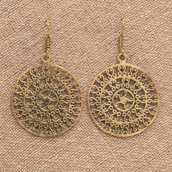 Pure Brass Sun Mandala Disc Drop Earrings - OMishka