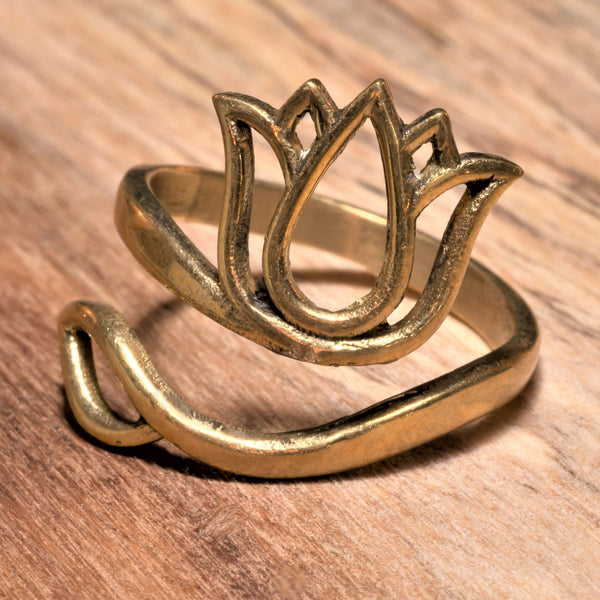 Handmade Pure Brass Lotus Flower Wrap Ring - OMishka